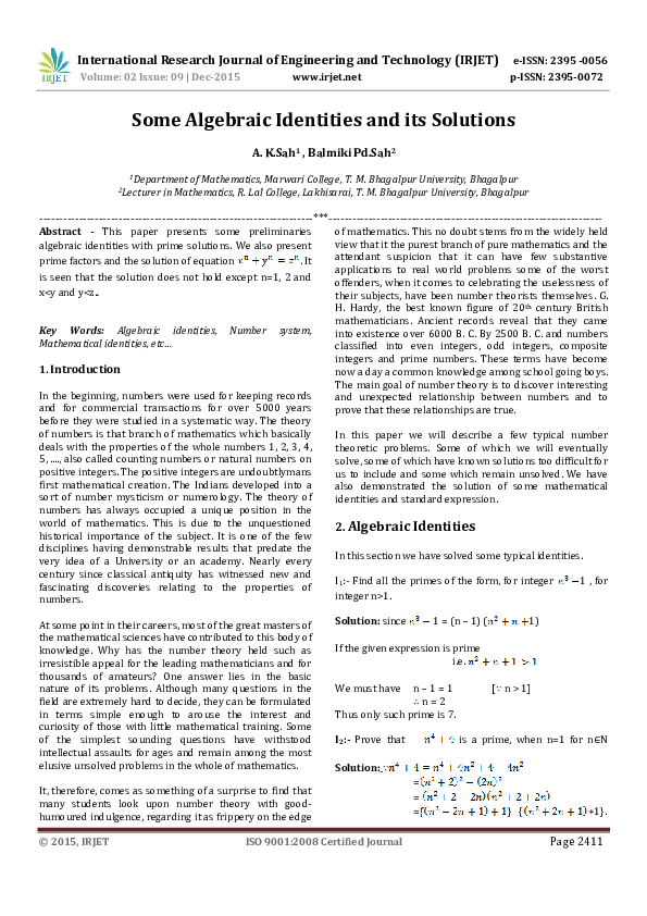 (PDF) Some Algebraic Identities and its Solutions