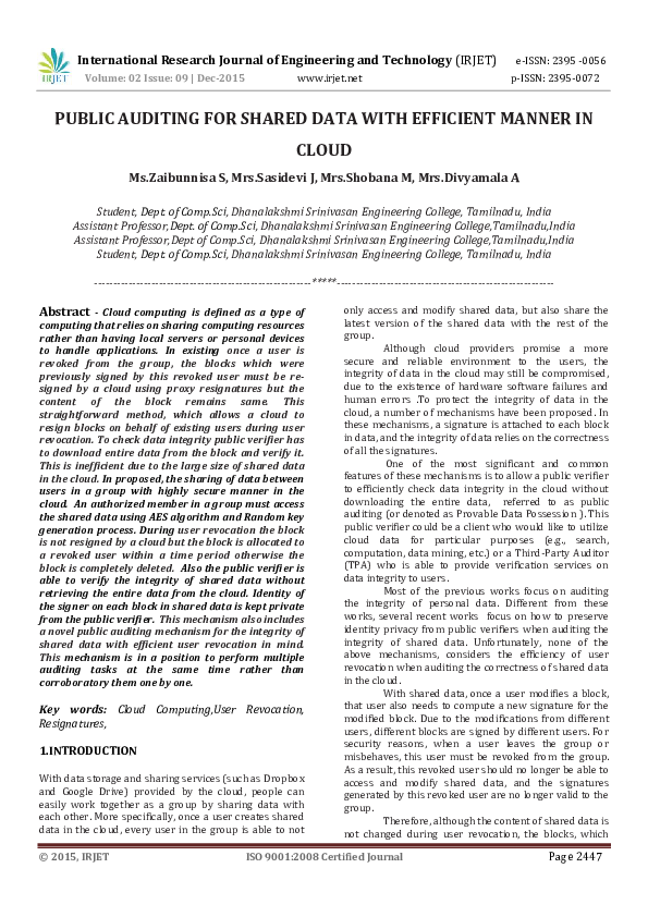 Pdf Public Auditing For Shared Data With Efficient Manner In Cloud