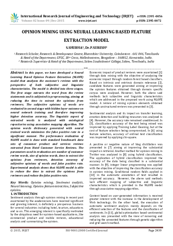 (PDF) OPINION MINING USING NEURAL LEARNING BASED FEATURE EXTRACTION MODEL | IRJET Journal ...