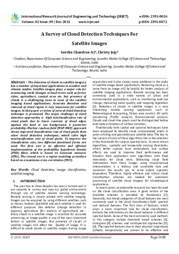 (PDF) A Survey of Cloud Detection Techniques For Satellite Images