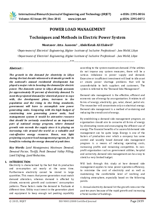 (PDF) POWER LOAD MANAGEMENT Techniques and Methods in Electric Power System