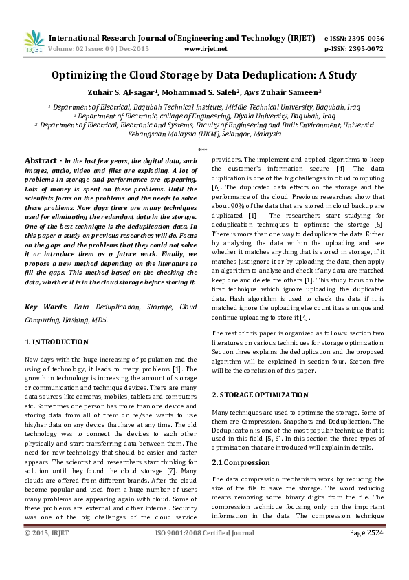 (PDF) Optimizing the Cloud Storage by Data Deduplication: A Study