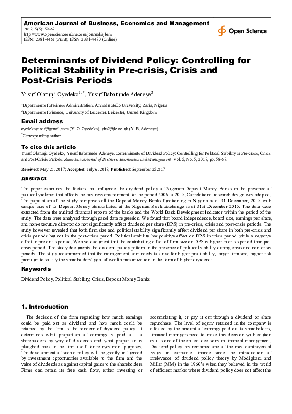 (PDF) Determinants of Dividend Policy: Controlling for Political ...