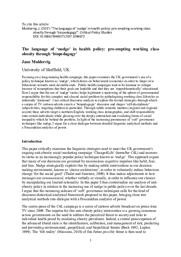 (PDF) The language of 'nudge' in health policy: pre-empting working ...