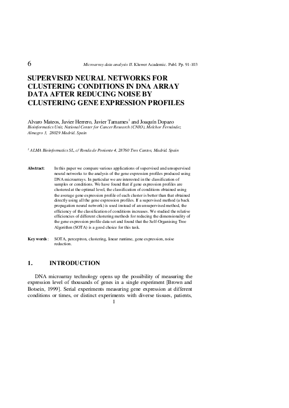 (PDF) Supervised neural networks for clustering conditions in DNA array data after reducing ...