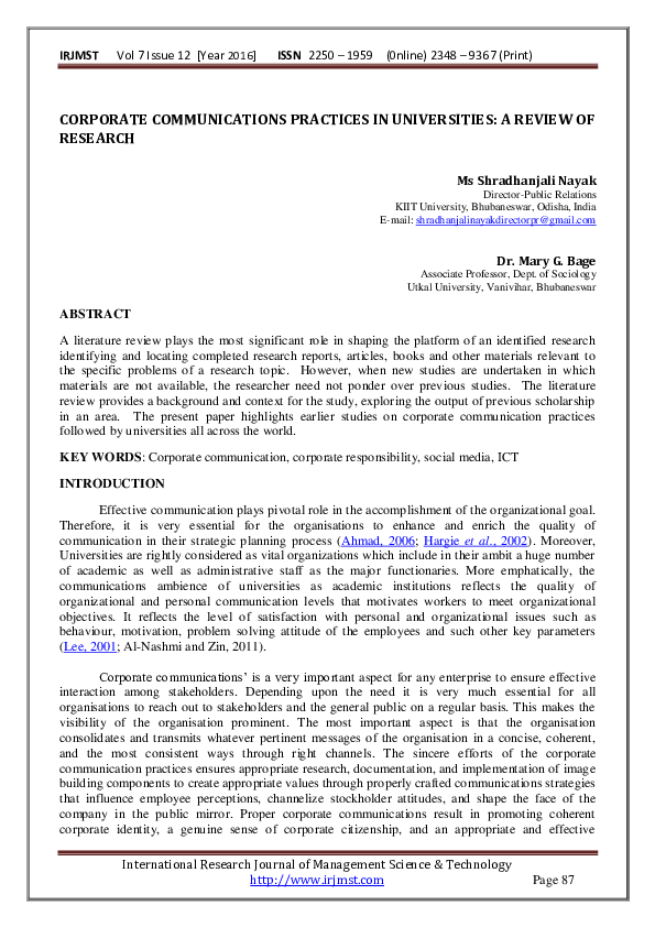 (PDF) CORPORATE COMMUNICATIONS PRACTICES IN UNIVERSITIES: A REVIEW OF ...