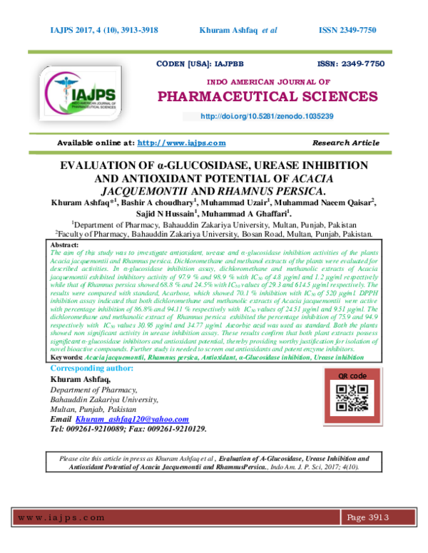 (PDF) EVALUATION OF α-GLUCOSIDASE, UREASE INHIBITION AND ANTIOXIDANT ...