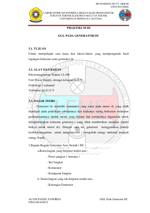 (DOC) PRAKTIKUM III GGL PADA GENERATOR DC