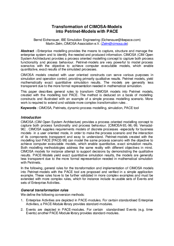 (PDF) Transformation of CIMOSA-Models into Petrinet-Models with PACE