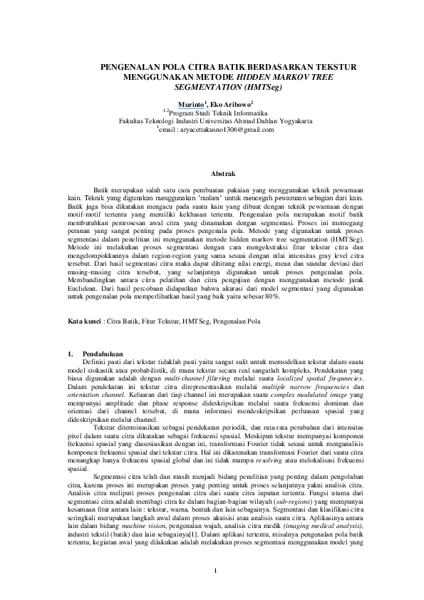 (PDF) PENGENALAN POLA CITRA BATIK BERDASARKAN TEKSTUR MENGGUNAKAN METODE HIDDEN MARKOV TREE ...