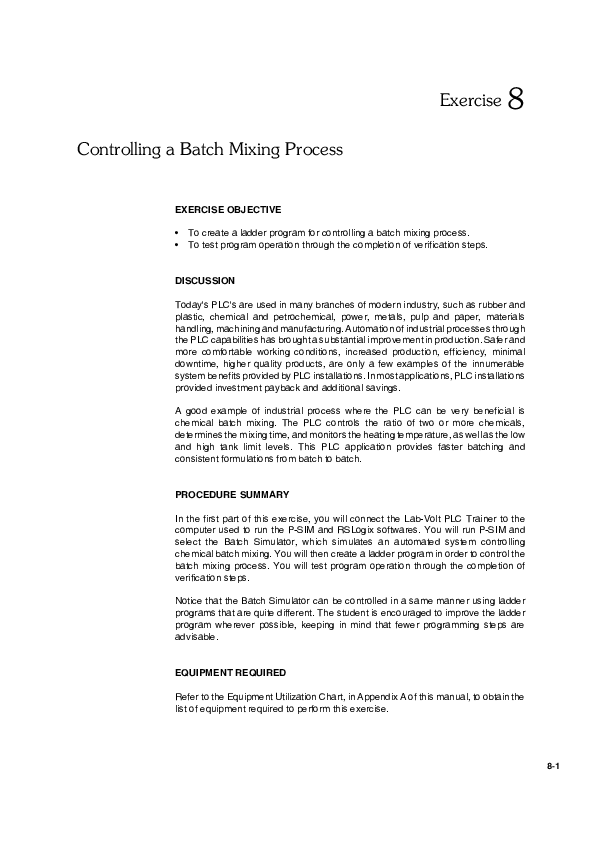 (PDF) Exercise 8 Controlling a Batch Mixing Process