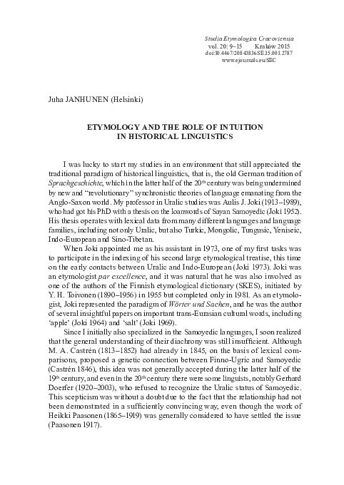 (PDF) ETYMOLOGY AND THE ROLE OF INTUITION IN HISTORICAL LINGUISTICS