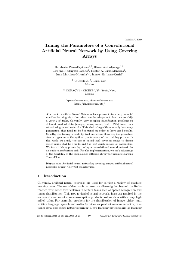 Pdf Tuning The Parameters Of A Convolutional Artificial Neural Network By Using Covering Arrays