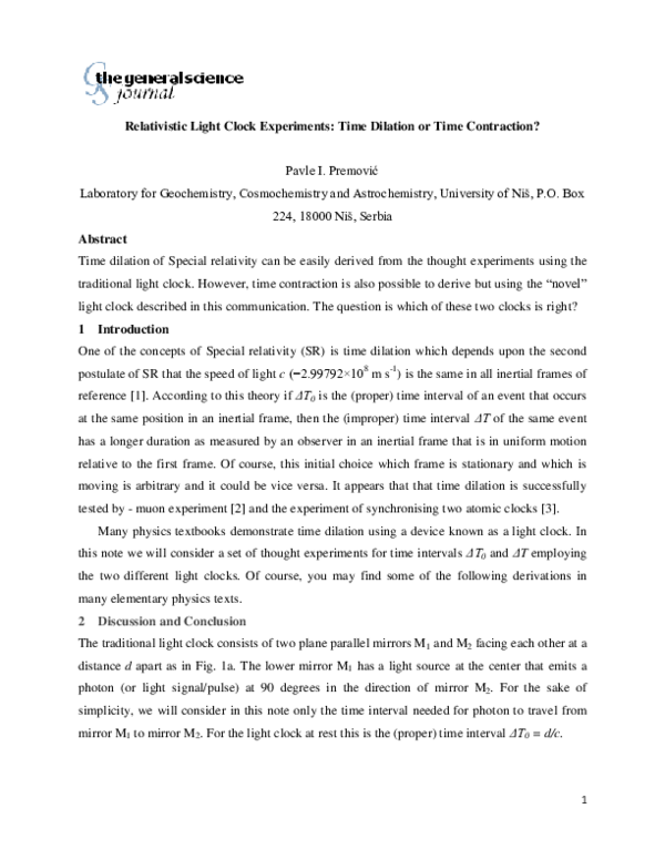 (PDF) Relativistic Light Clock Experiments: Time Dilation or Time ...