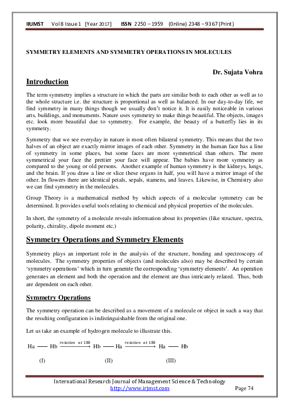 (PDF) SYMMETRY ELEMENTS AND SYMMETRY OPERATIONS IN MOLECULES