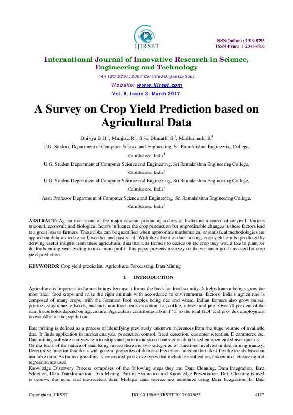 Pdf A Survey On Crop Yield Prediction Based On Agricultural Data