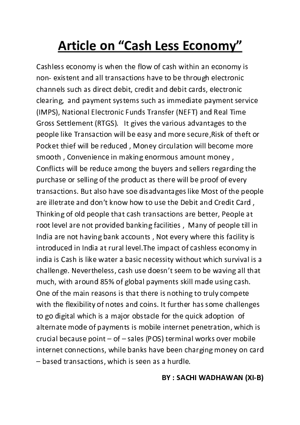 (DOC) Article on " Cash Less Economy