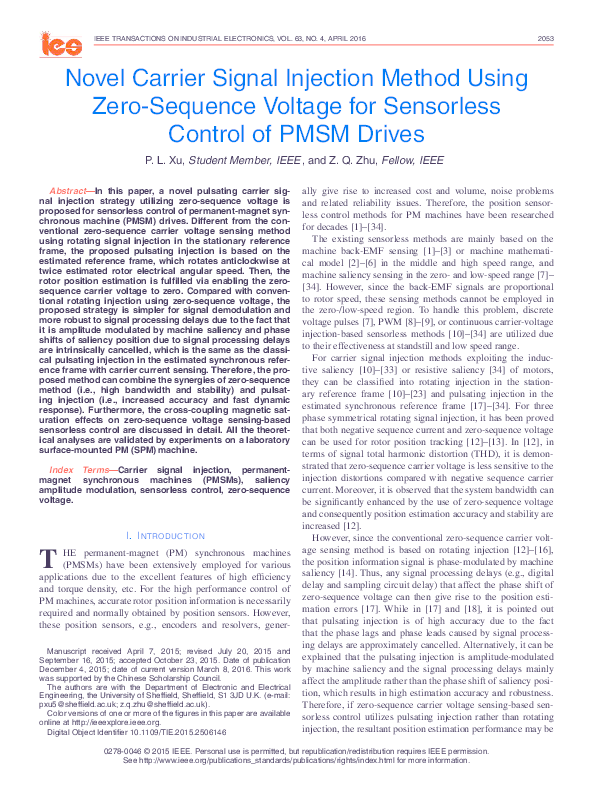 Pdf Novel Carrier Signal Injection Method Using Zero Sequence Voltage For Sensorless Control