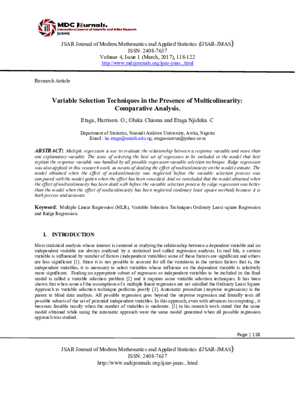 Variable Selection Techniques In The Presence Of Multicolinearity