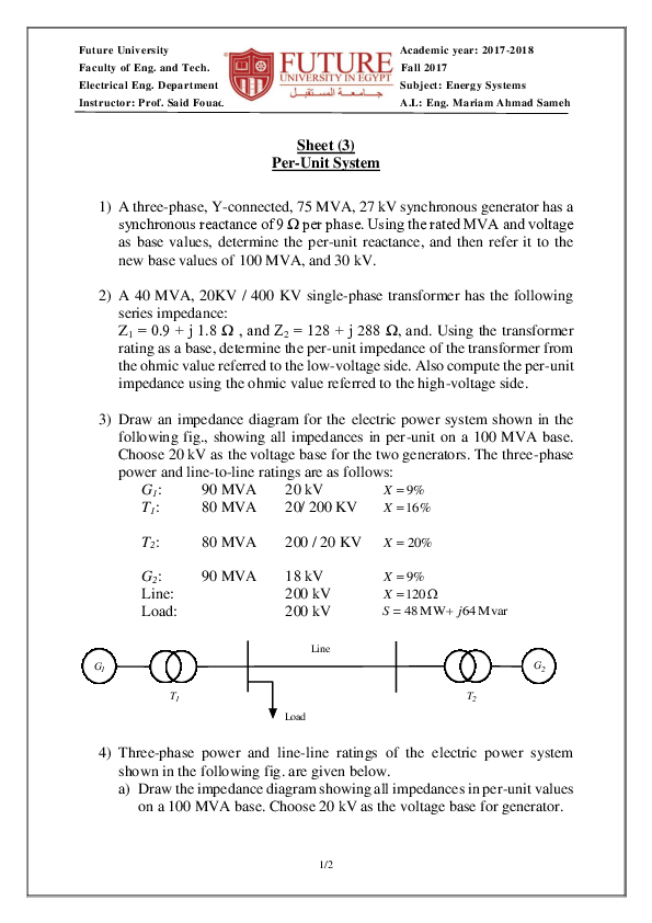 (PDF) Sheet (3) Per-Unit System