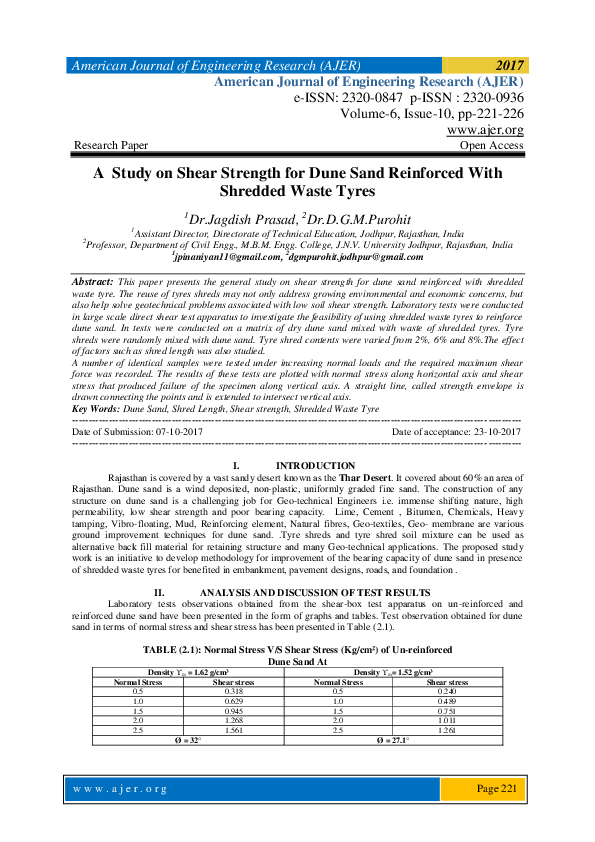 (PDF) A Study on Shear Strength for Dune Sand Reinforced With Shredded ...