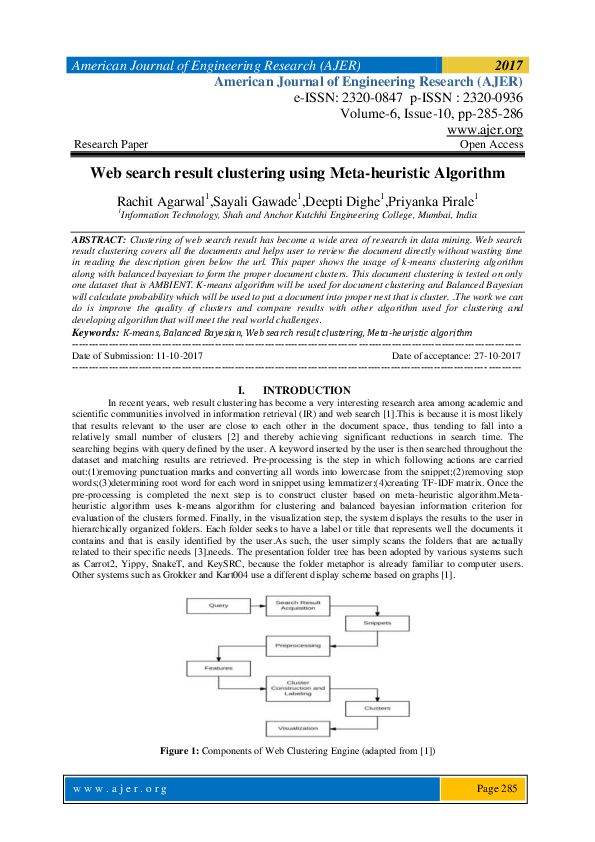Pdf Web Search Result Clustering Using Meta Heuristic Algorithm Ajer Research 1164