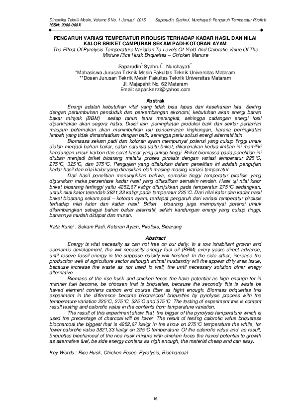 (PDF) PENGARUH VARIASI TEMPERATUR PIROLISIS TERHADAP KADAR HASIL DAN NILAI KALOR BRIKET CAMPURAN ...