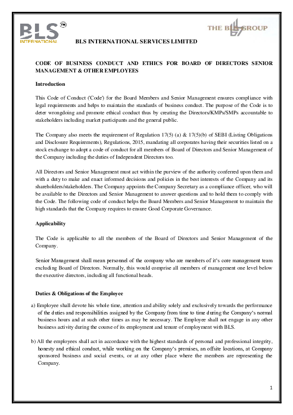 (PDF) BLS INTERNATIONAL SERVICES LIMITED CODE OF BUSINESS CONDUCT AND ...