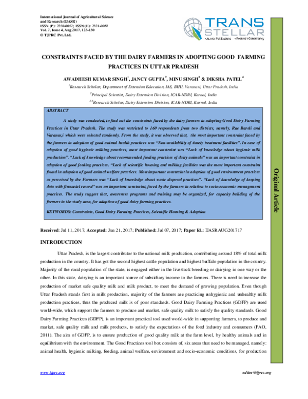 (PDF) CONSTRAINTS FACED BY THE DAIRY FARMERS IN ADOPTING GOOD FARMING PRACTICES IN UTTAR PRADESH