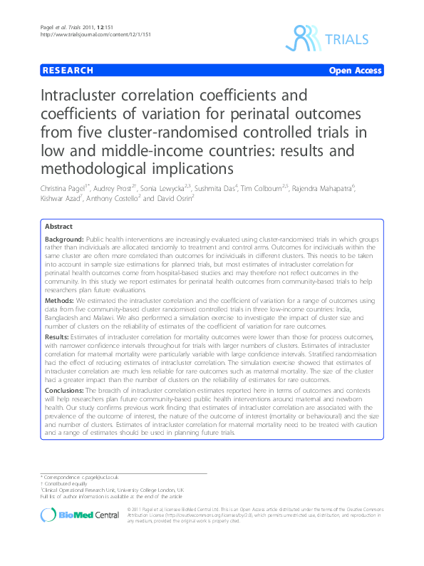 (PDF) Intracluster correlation coefficients and coefficients of variation for perinatal outcomes ...