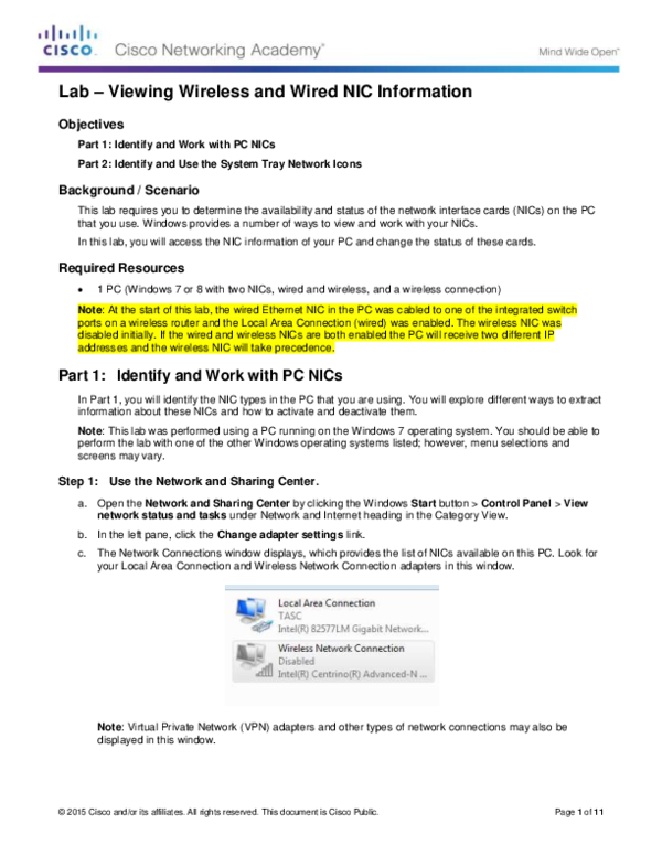 (PDF) Lab – Viewing Wireless and Wired NIC Information Objectives Part 1: Identify and Work with ...
