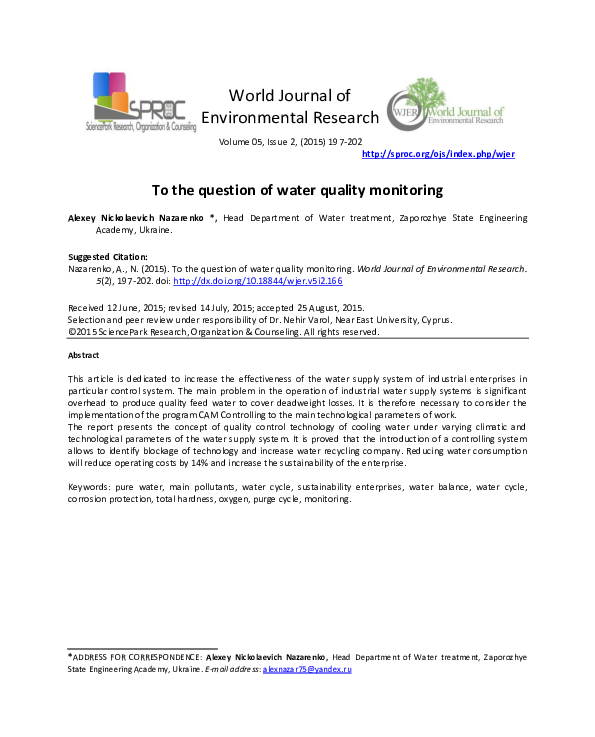 (PDF) To the question of water quality monitoring