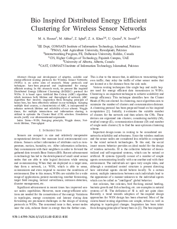 Pdf Bio Inspired Distributed Energy Efficient Clustering For Wireless Sensor Networks 