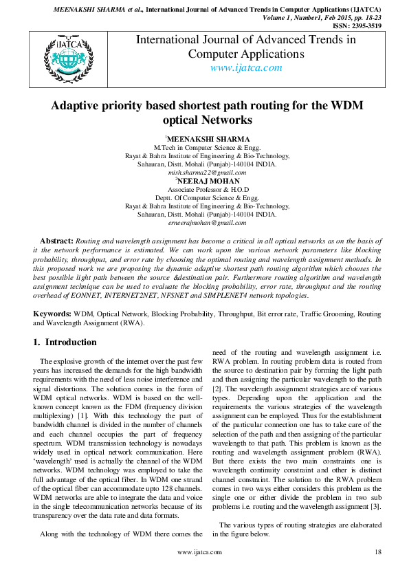 (PDF) Adaptive priority based shortest path routing for the WDM optical ...