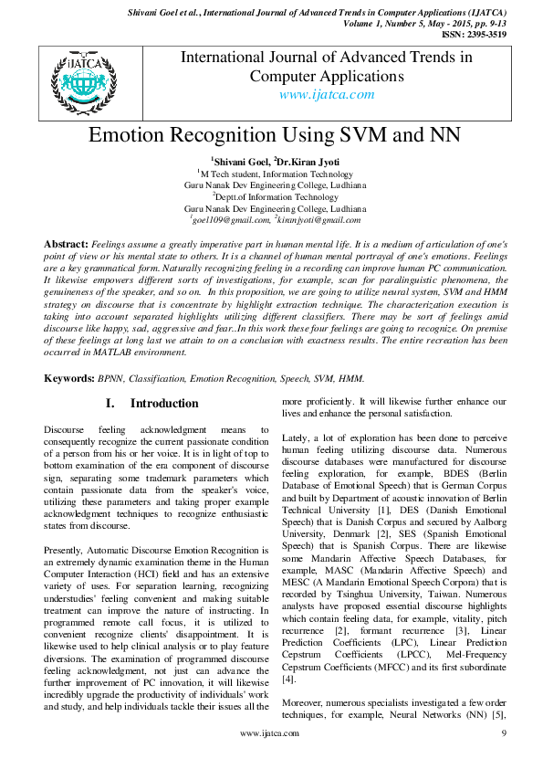 (PDF) Emotion Recognition Using SVM and NN