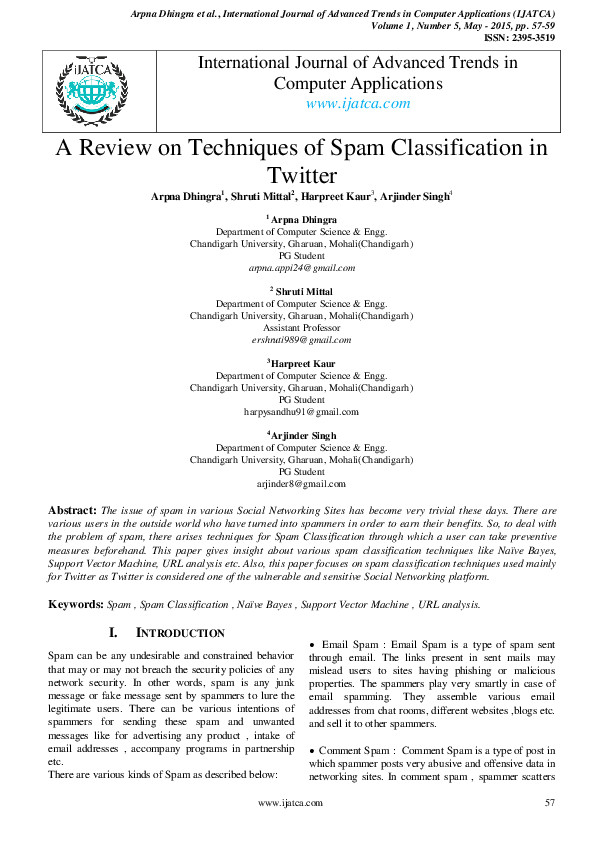 (PDF) A Review on Techniques of Spam Classification in Twitter