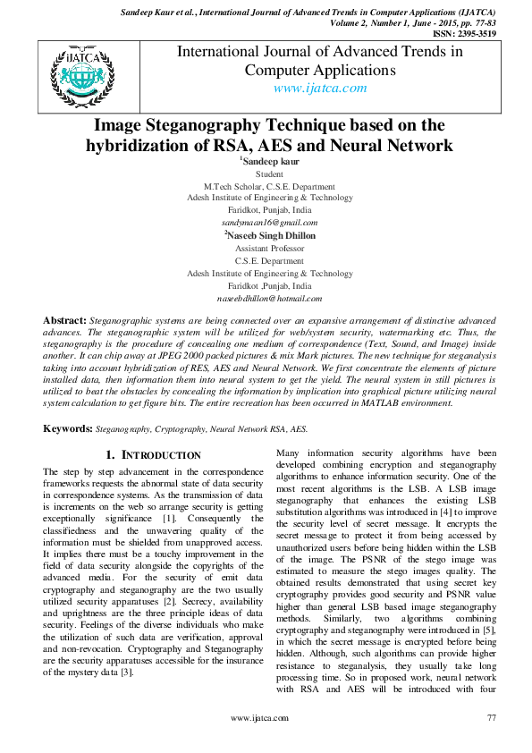 Pdf Image Steganography Technique Based On The Hybridization Of Rsa Aes And Neural Network