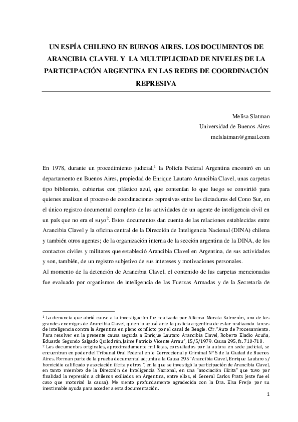 (DOC) Slatman, Melisa. Un espía chileno en Buenos Aires. Los documentos ...