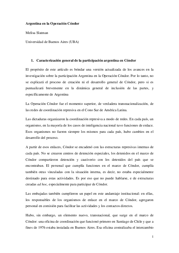 (DOC) Slatman, Melisa “Argentina en la Operación Cóndor”, en Baltazar ...