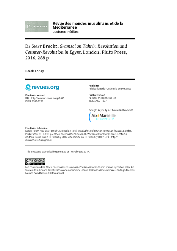 DE SMET Brecht, Gramsci on Tahrir. Revolution and Counter-Revolution in Egypt, London, Pluto ...