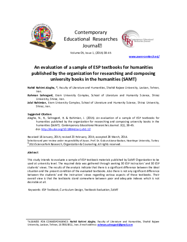 (PDF) An evaluation of a sample of ESP textbooks for humanities ...