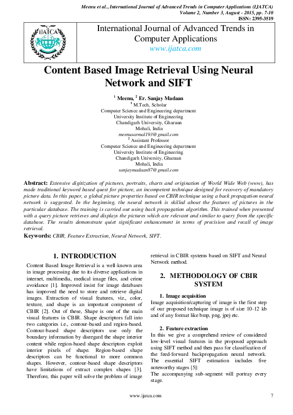 (PDF) Content Based Image Retrieval Using Neural Network and SIFT