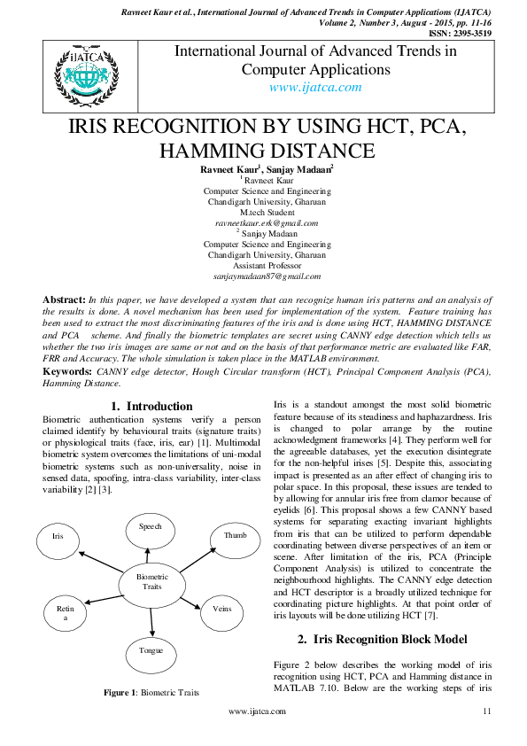 (PDF) IRIS RECOGNITION BY USING HCT, PCA, HAMMING DISTANCE