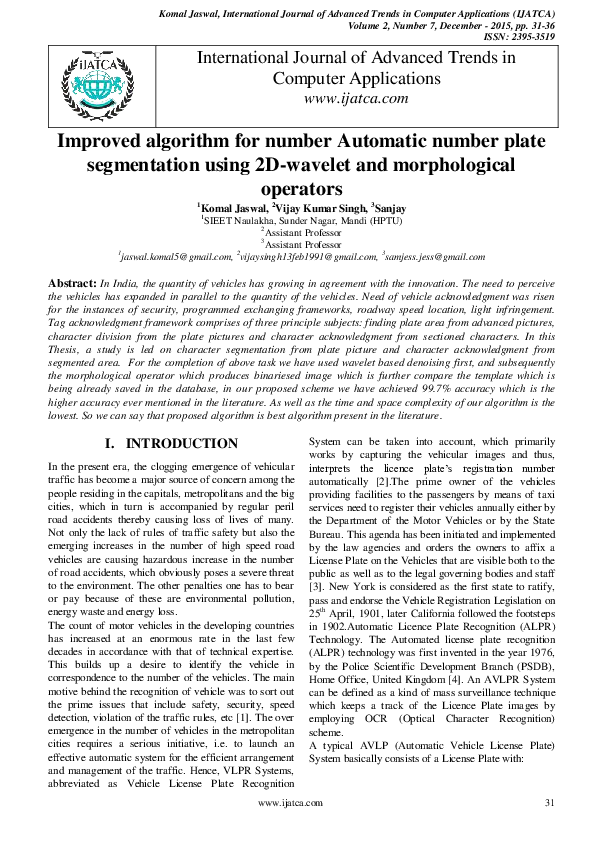 Pdf Improved Algorithm For Number Automatic Number Plate Segmentation Using 2d Wavelet And