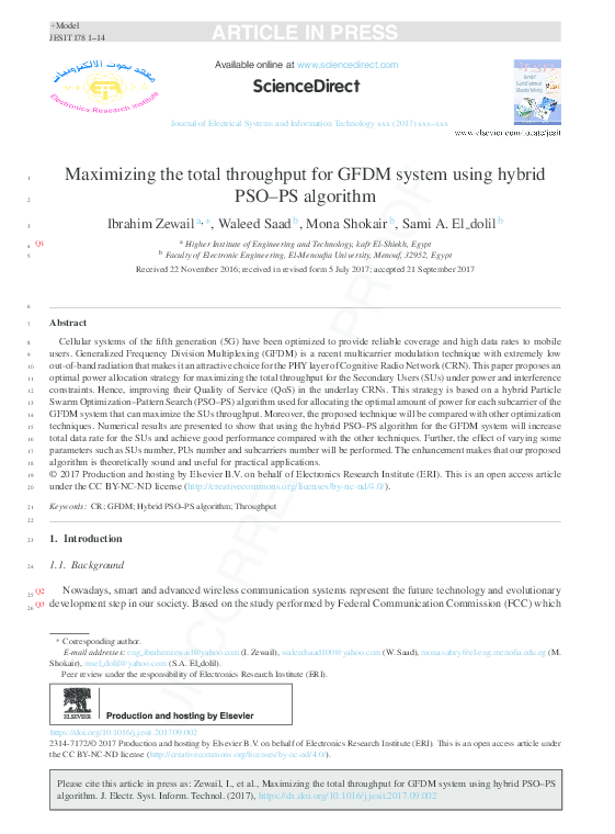 Pdf Article In Press Maximizing The Total Throughput For Gfdm System Using Hybrid Psops Algorithm