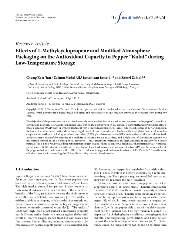 (PDF) Effects of 1-Methylcyclopropene and Modified Atmosphere Packaging on the Antioxidant ...