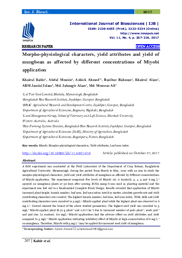 Pdf Morpho Physiological Characters Yield Attributes And Yield Of