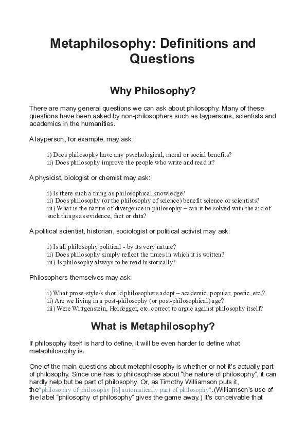 (DOC) Metaphilosophy: Definitions and Questions