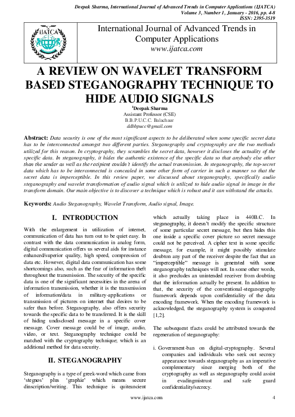 (PDF) A REVIEW ON WAVELET TRANSFORM BASED STEGANOGRAPHY TECHNIQUE TO HIDE AUDIO SIGNALS