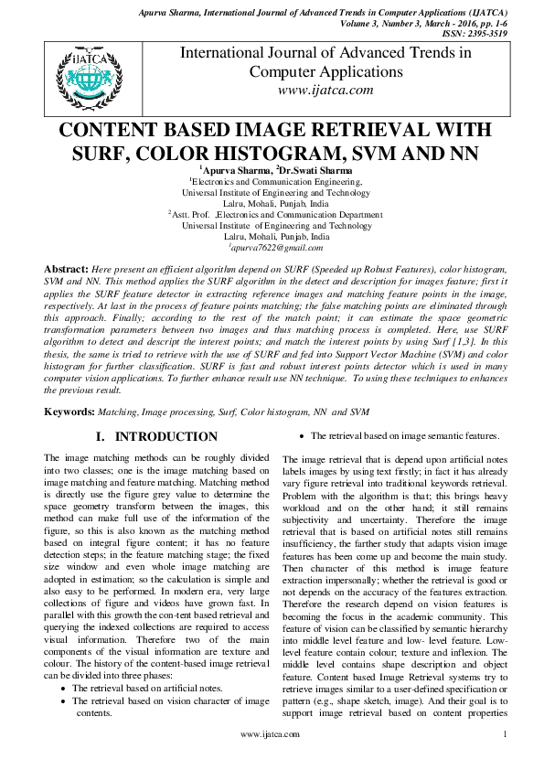 (PDF) CONTENT BASED IMAGE RETRIEVAL WITH SURF, COLOR HISTOGRAM, SVM AND NN